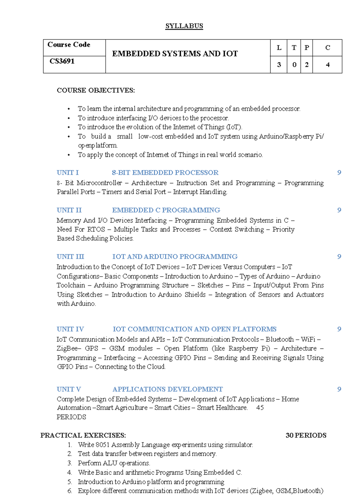 CS3691 Embedded Systems and IoT Course Syllabus and Notes - Studocu