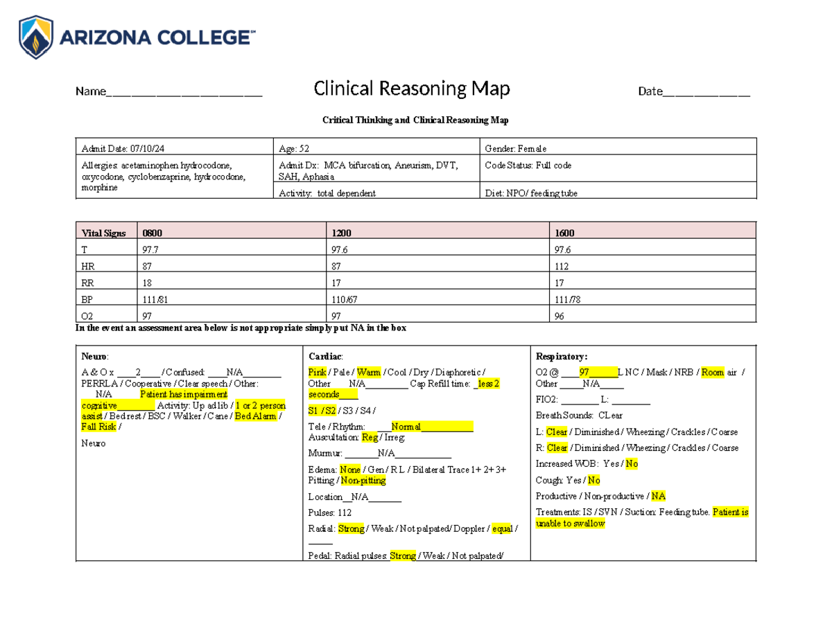 Critical Thinking Map: Adult Health Case Study (CNA 101) - Studocu