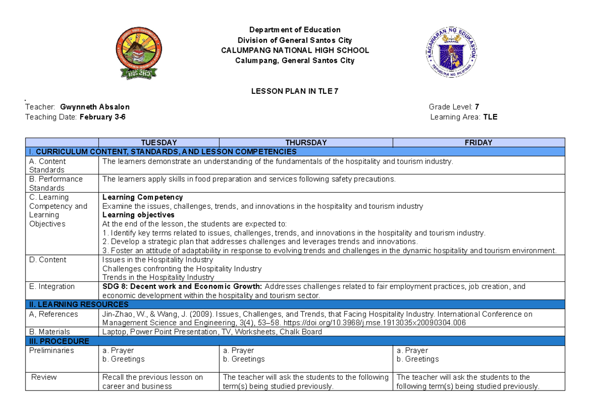 TLE 7 Lesson Plan: Issues, Challenges, and Trends in Hospitality - Studocu