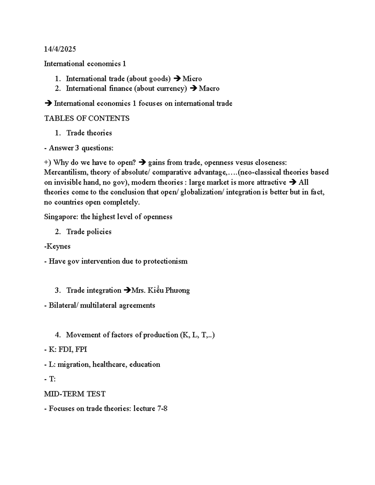 International Economics 1: Trade Theories & Policies Lecture Notes ...
