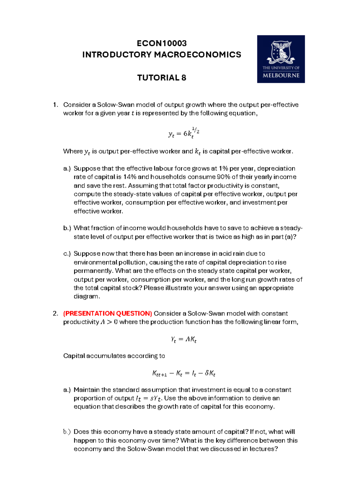 MACROECONOMICS TUTORIAL 8: Output Growth & Capital Accumulation Analysis - Studocu