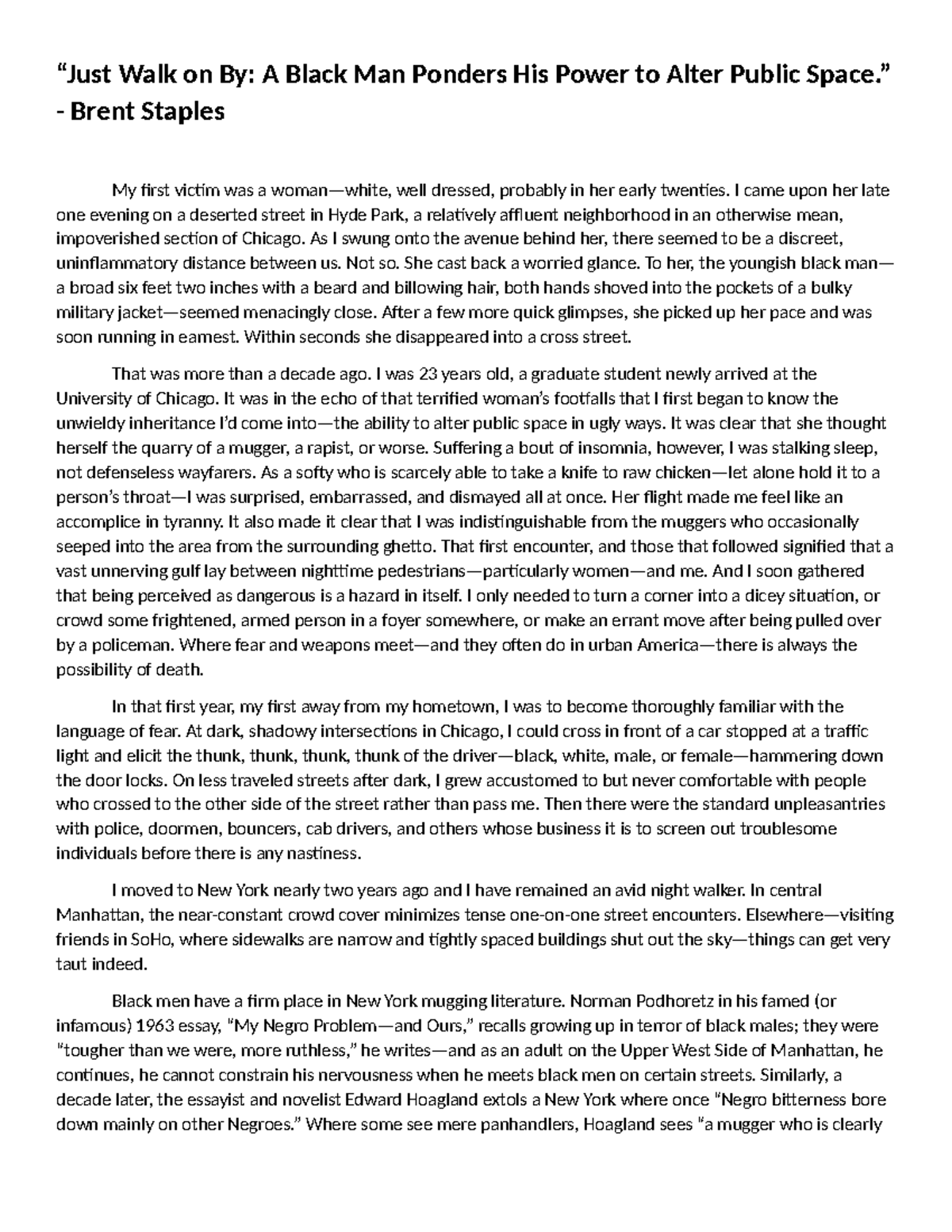 Brent Staples: Just Walk On By - Reflections on Race and Fear - Studocu