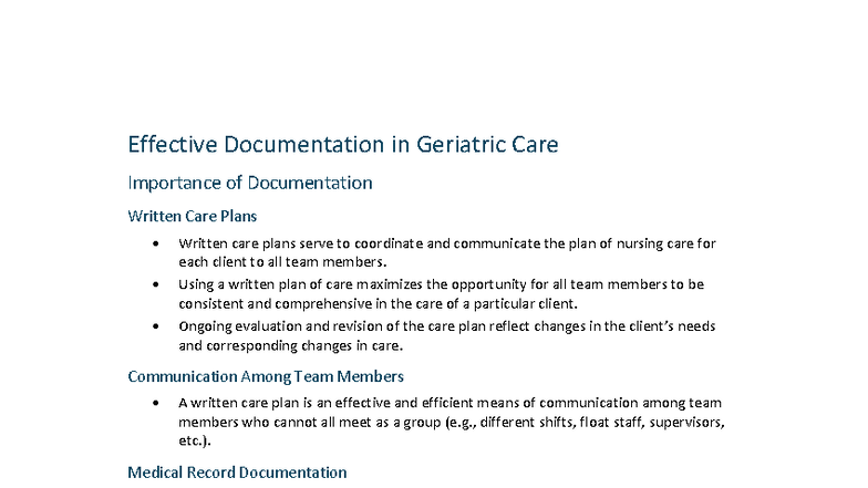 Effective Documentation in Geriatric Care: Importance & Practices - Studocu