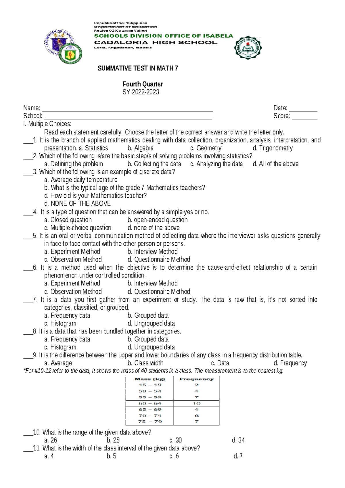 Q4 Summative Test for Math 7: Comprehensive Exam Review - Studocu