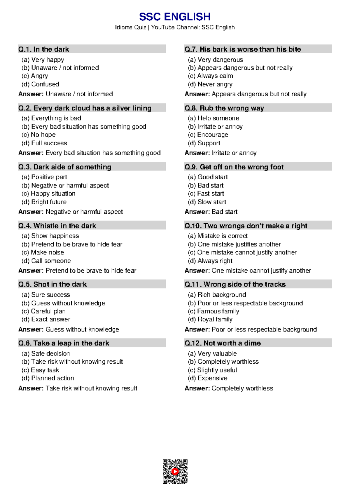 SSC ENGLISH Idioms Quiz: Top 200 Phrases Part 8 - Studocu