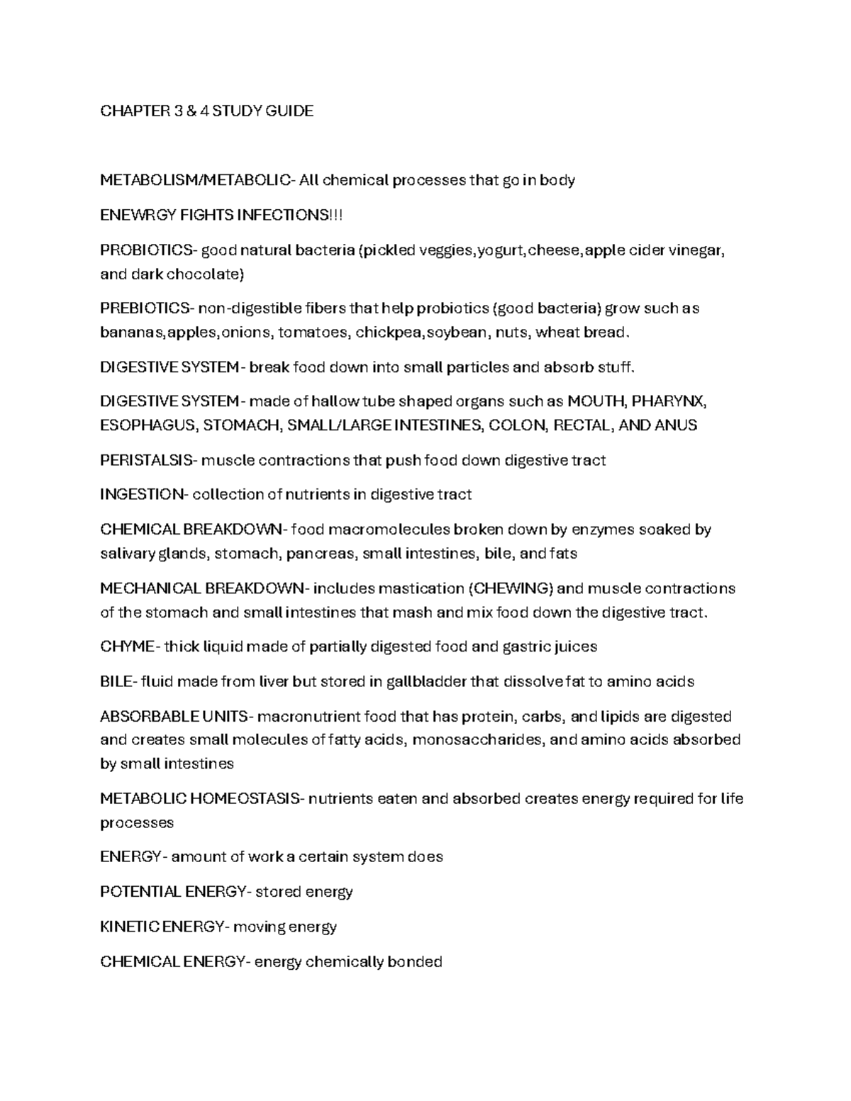 Nutri CHP 3&4 Study Review - CHAPTER 3 & 4 STUDY GUIDE METABOLISM ...