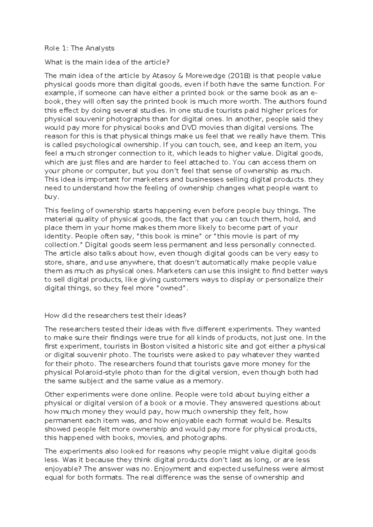 Marketing II Assignment: Analyzing the Value of Physical vs. Digital Goods - Studeersnel