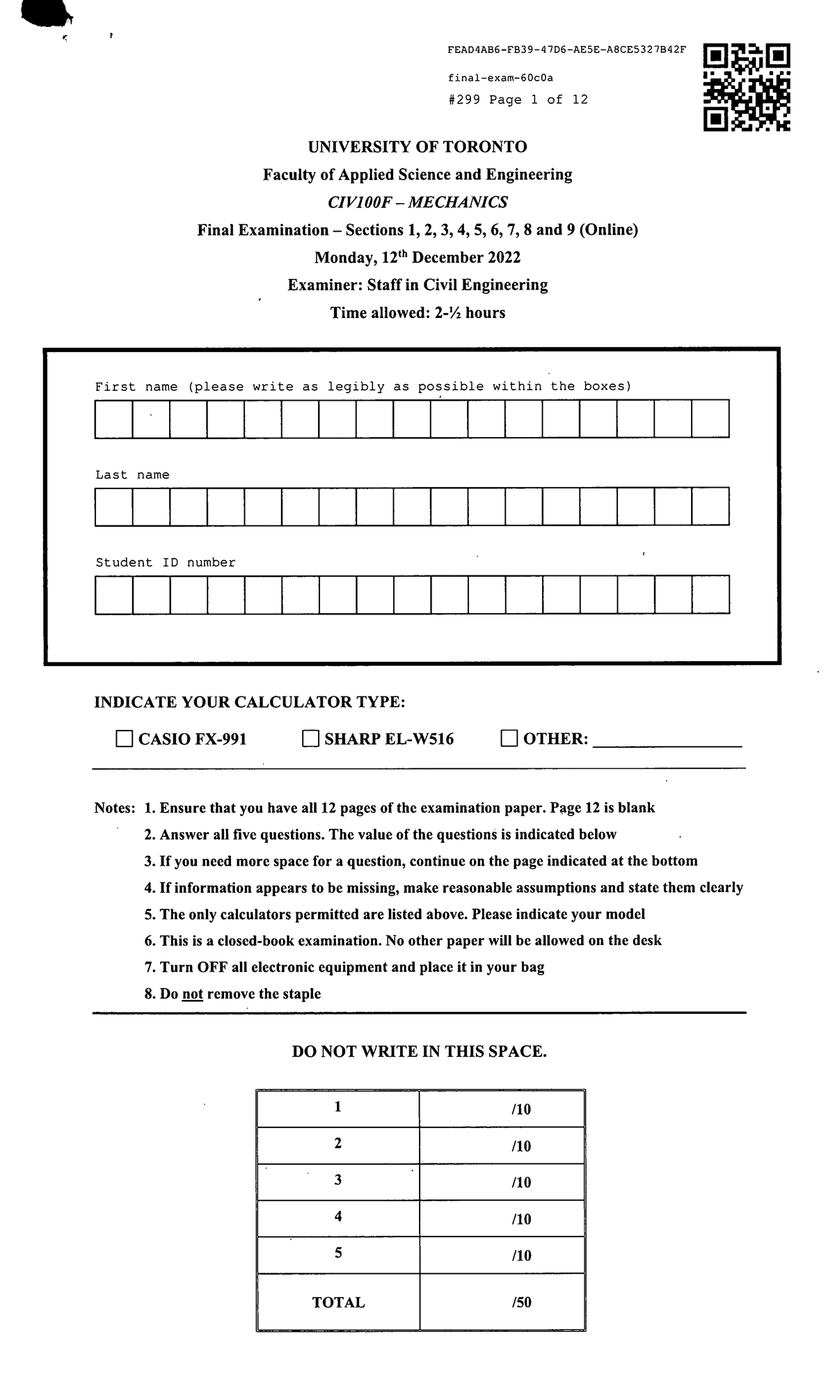 CIV100 Final Exam - Mechanics - December 2022 - Studocu