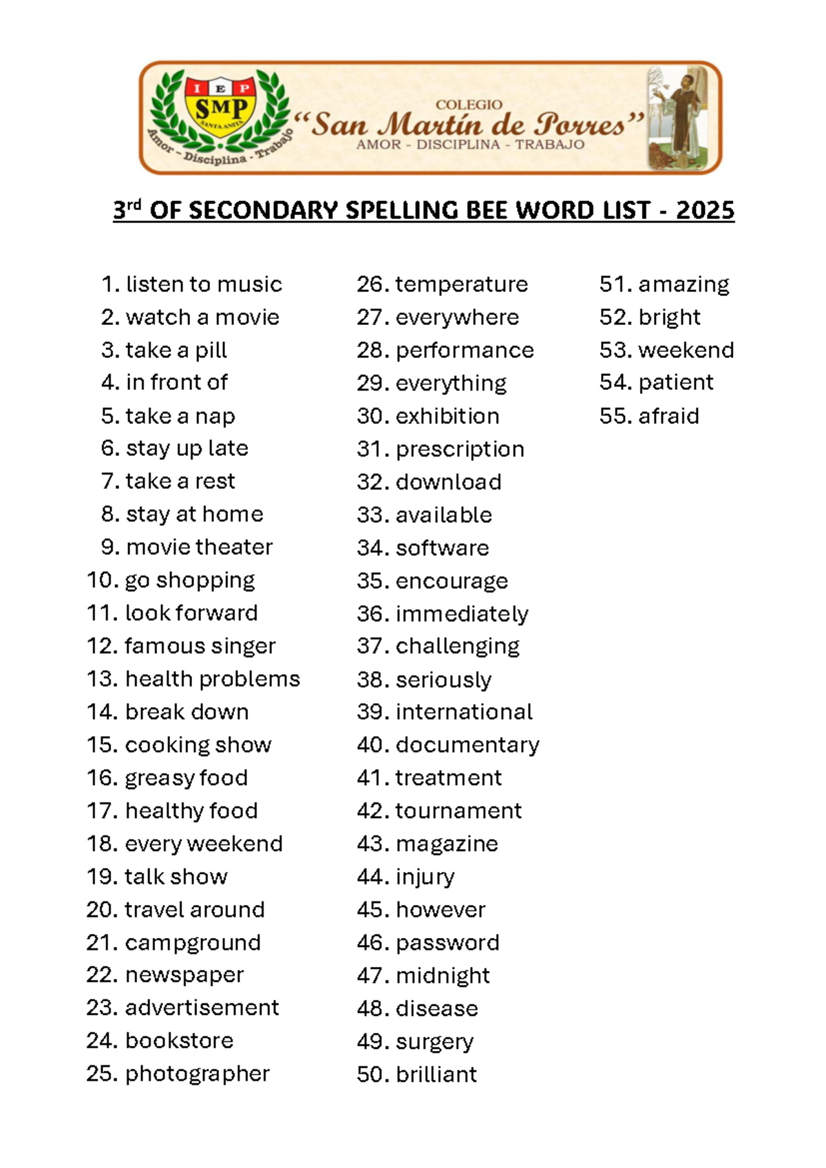 3rd Secondary Spelling Bee Word List 2025 - Studocu