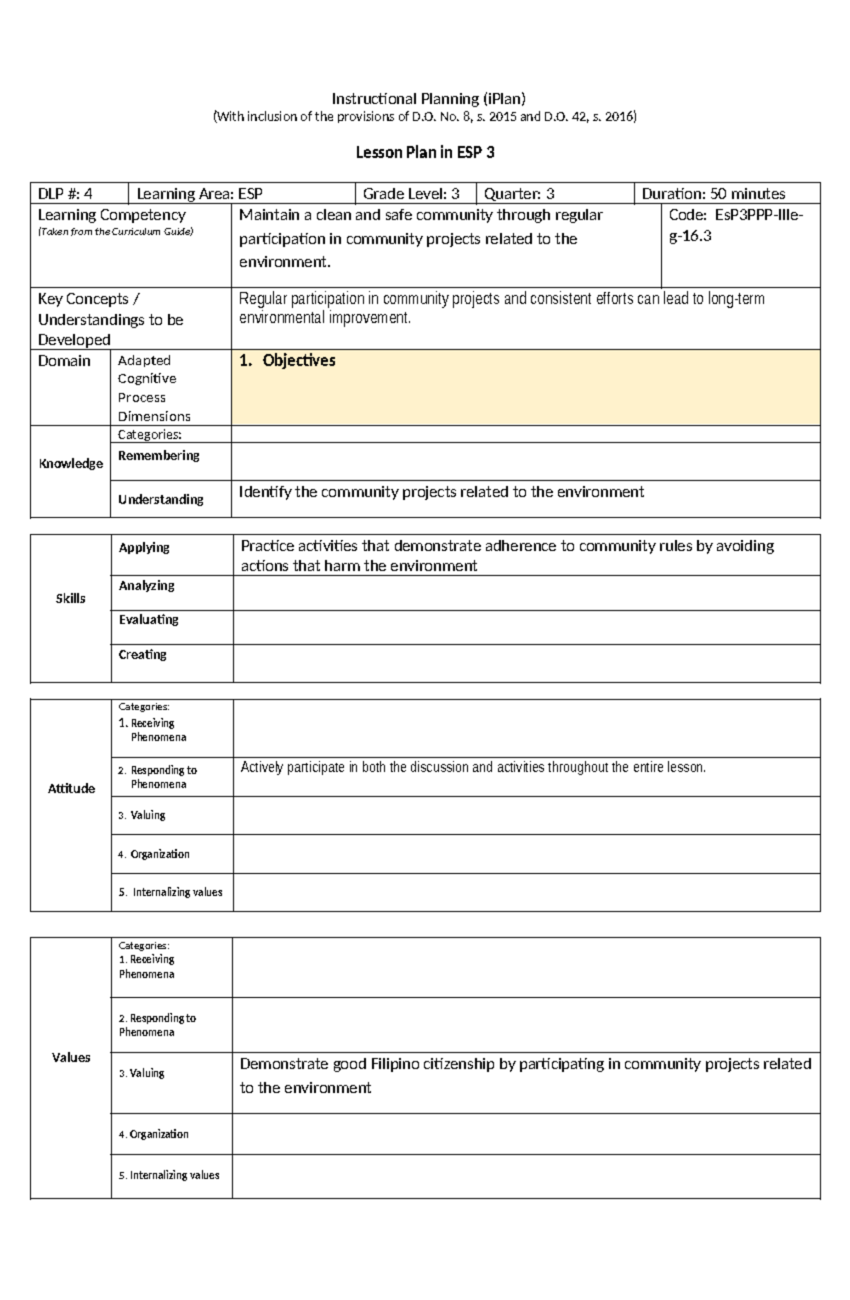 Semi-Detailed Lesson Plan for ESP 3: Caring for the Environment - Studocu