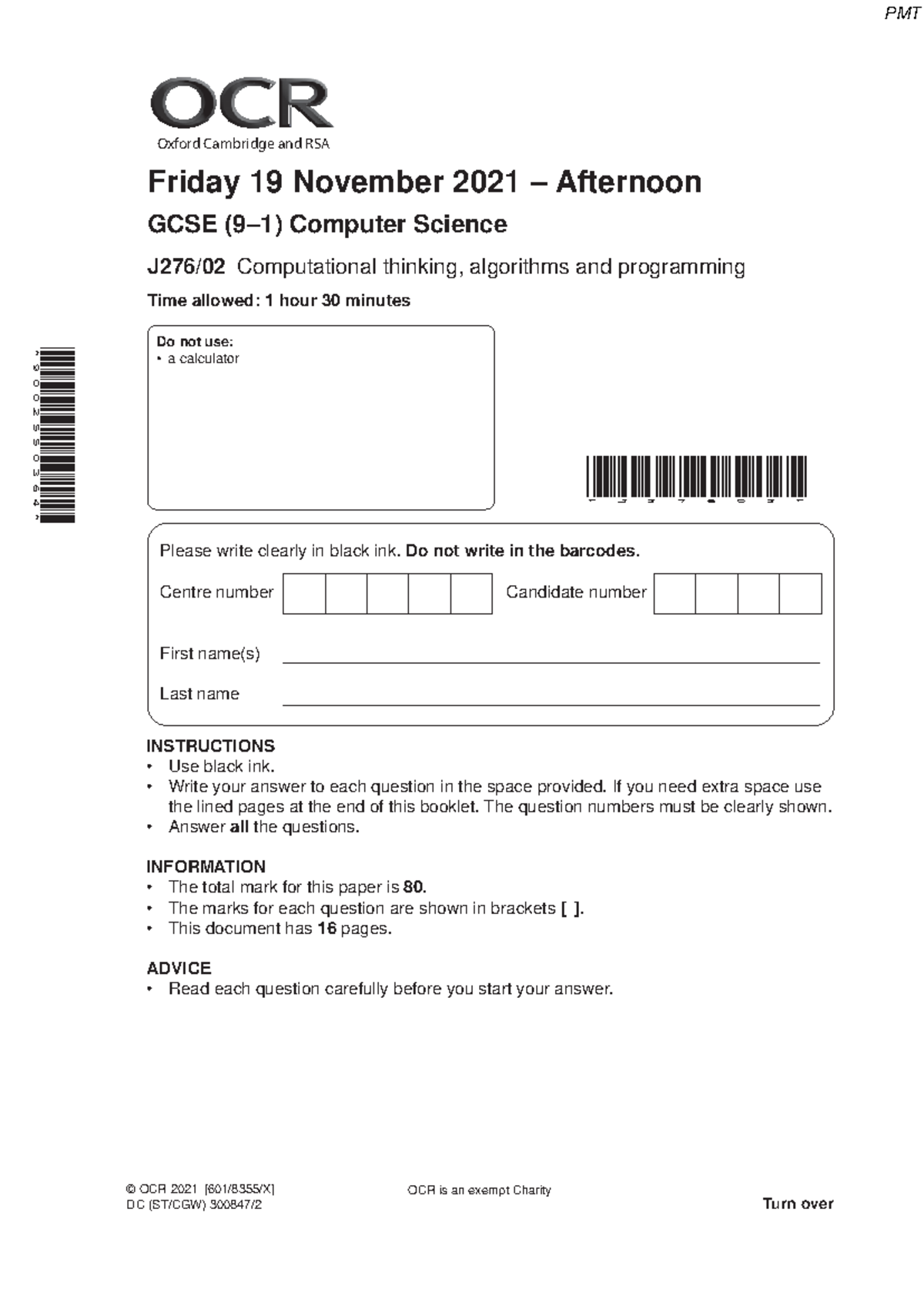 GCSE Computer Science J276/02 November 2021 Paper 2 Exam Questions ...