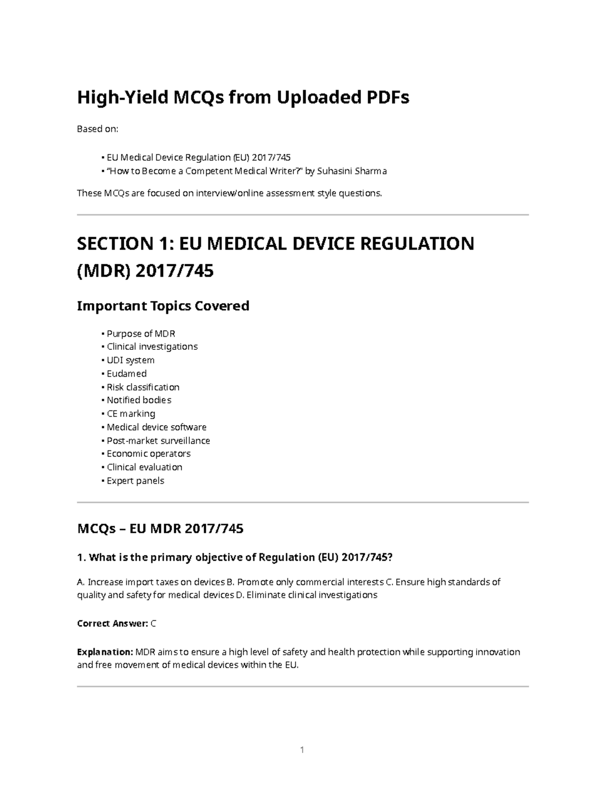 MCQs on EU Medical Device Regulation (EU MDR) and Medical Writing - Studocu