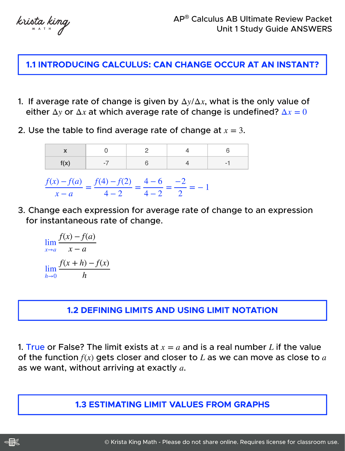 Unit 1 Calculus Study Guide (Answer Key for Limits & Continuity) - Studocu