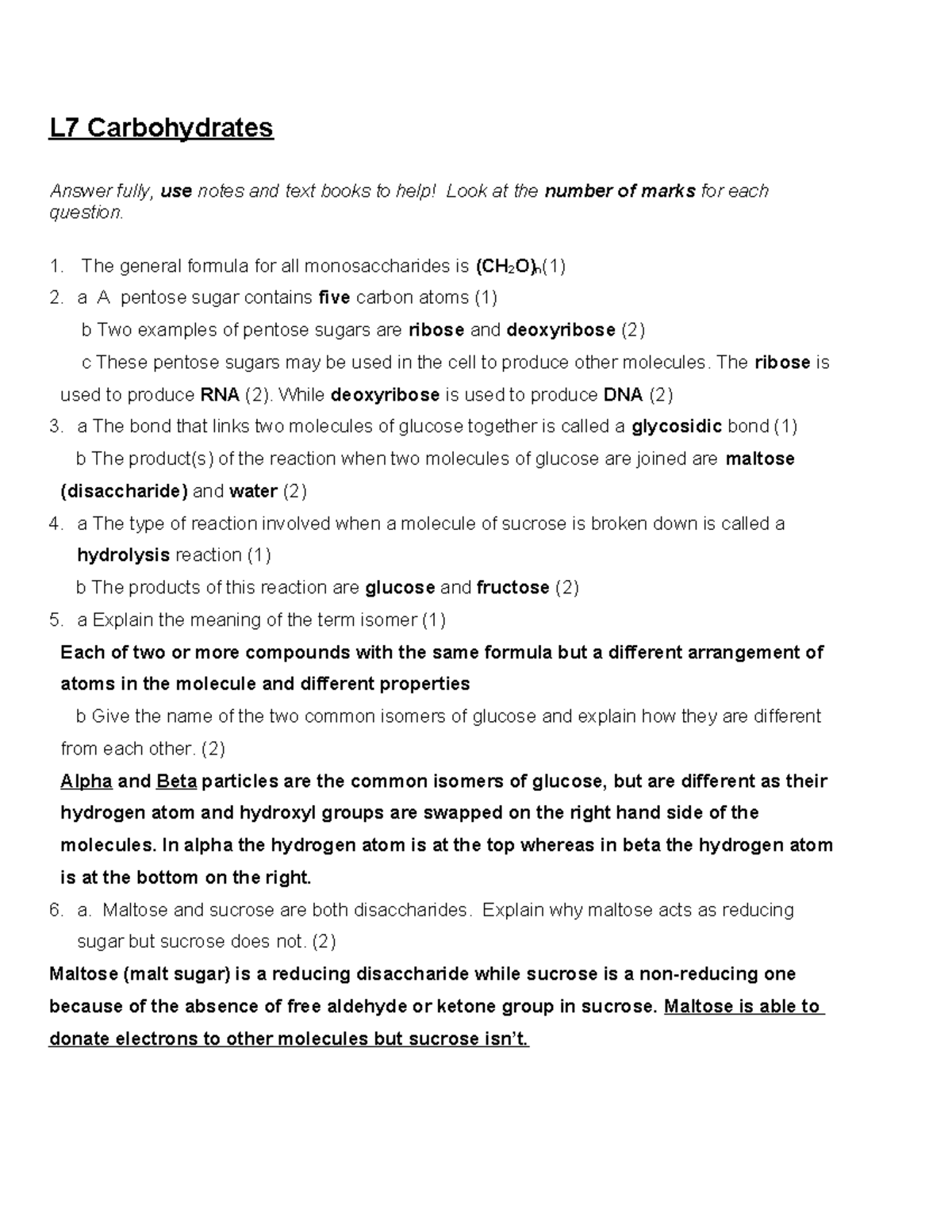 L7 Carbohydrates Gap Fill Exercise Answers and Notes - Studocu