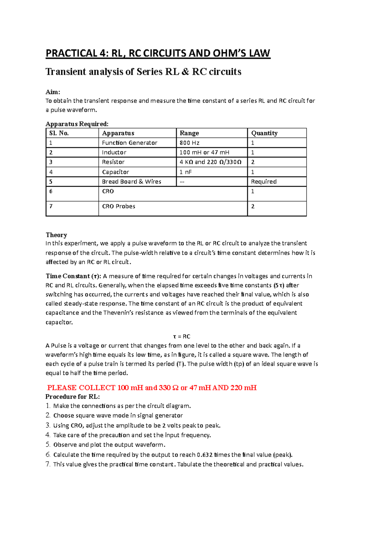 Practical 4: Transient Analysis of RL & RC Circuits and Ohm's Law - Studocu
