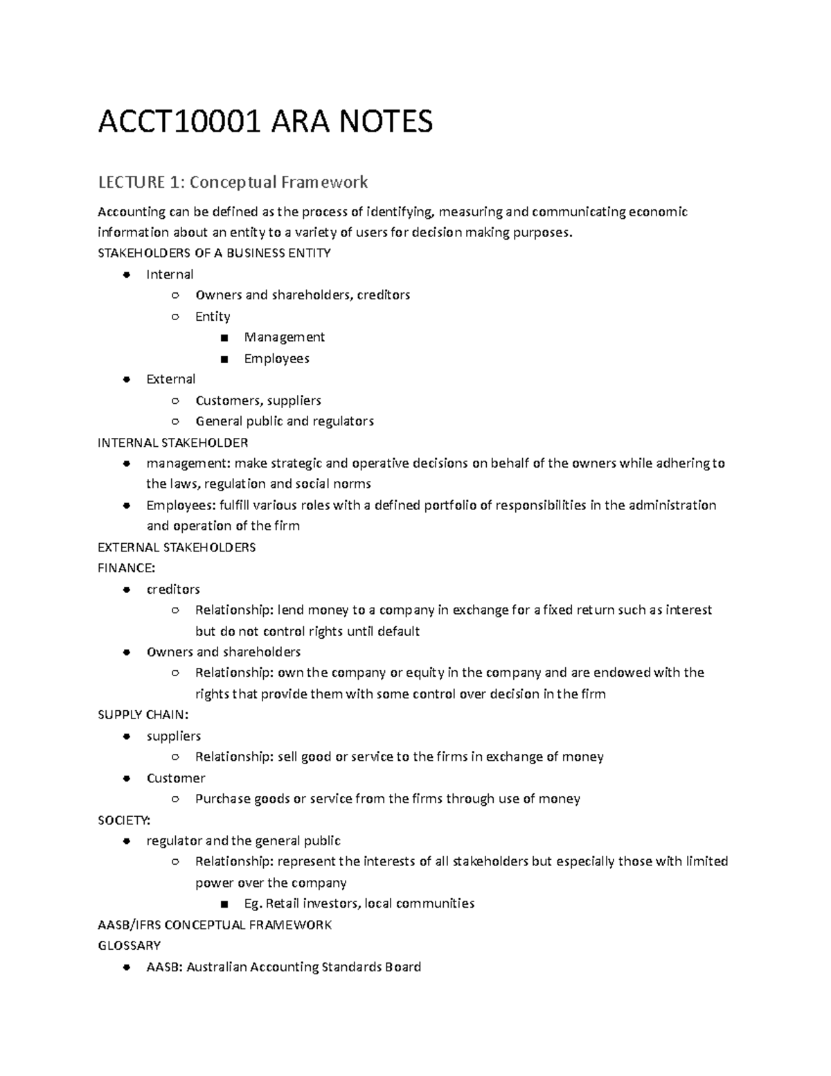 ACCT10001 ARA Lecture Notes: Conceptual Framework & Financial Analysis ...