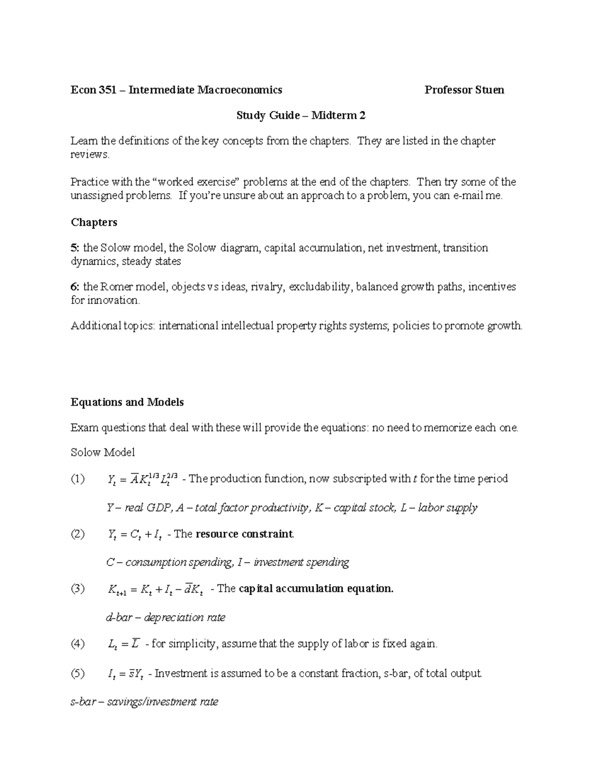 Econ 351 Midterm 2 Study Guide: Key Concepts & Models - Studocu