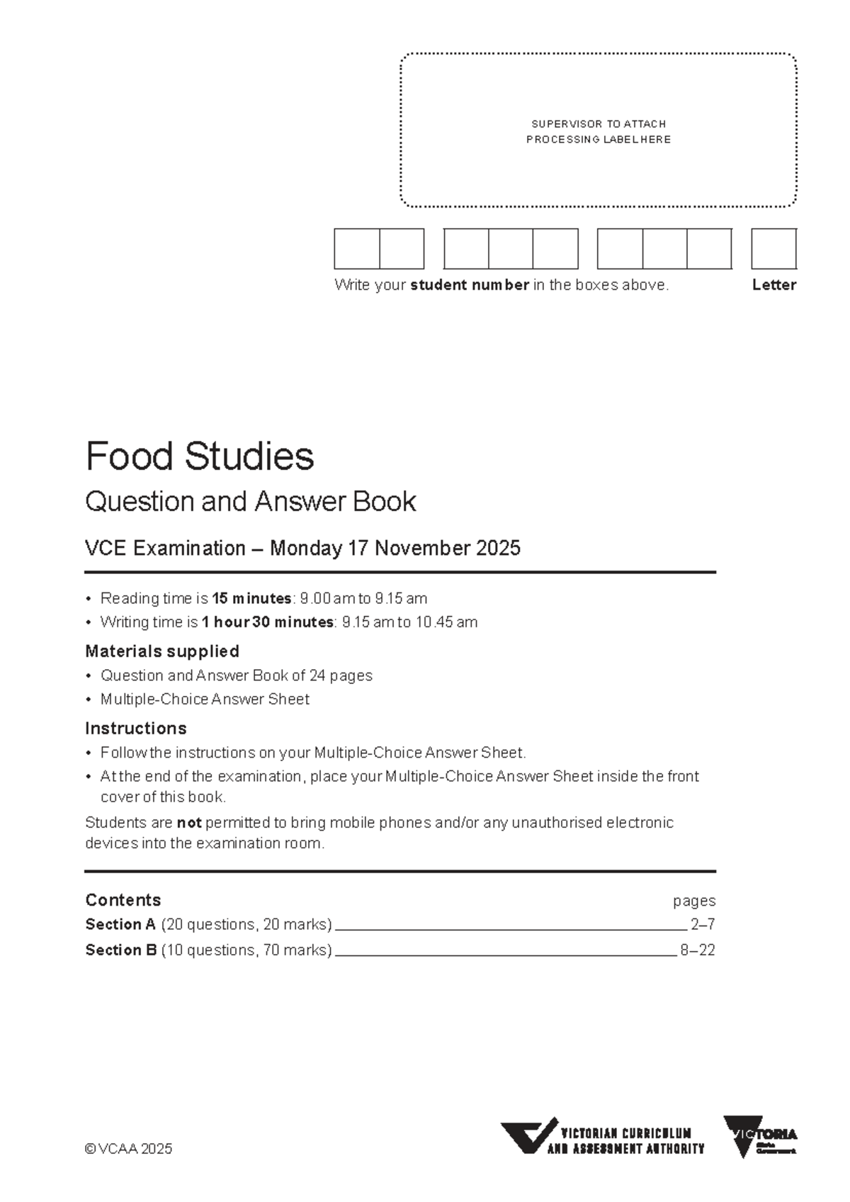 2025 VCE Food Studies Exam: Question & Answer Book - Studocu