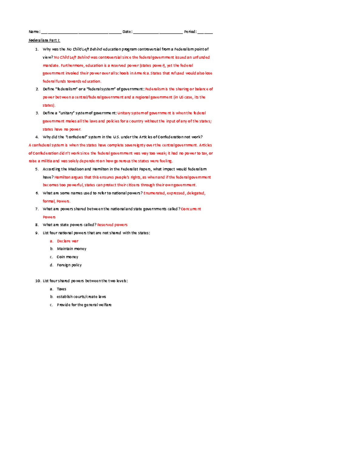 Guided Notes with Answer Key: Federalism (Part I) - Course Code: XXX123 ...