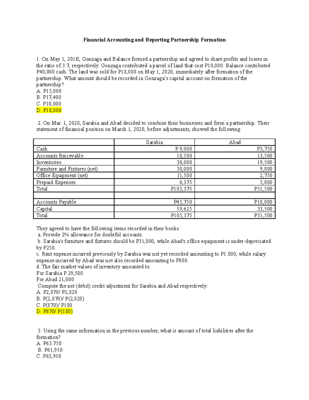 Partnership Formation Practice Set-1: Financial Accounting Questions ...