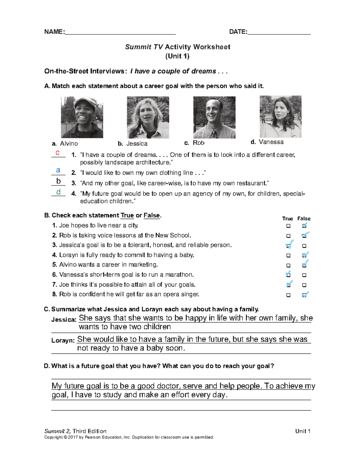 Summit TV 2 Unit 1 Activity Worksheet: Career Goals & Dreams - Studocu