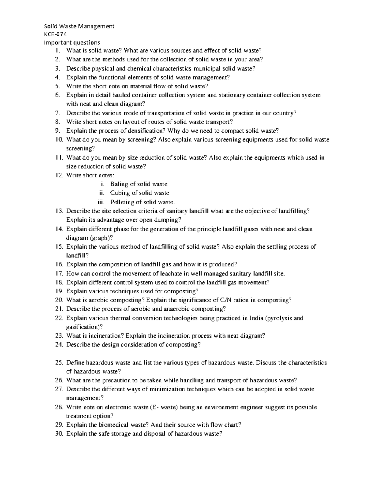 SWM A - Key Questions on Solid Waste Management Concepts - Studocu