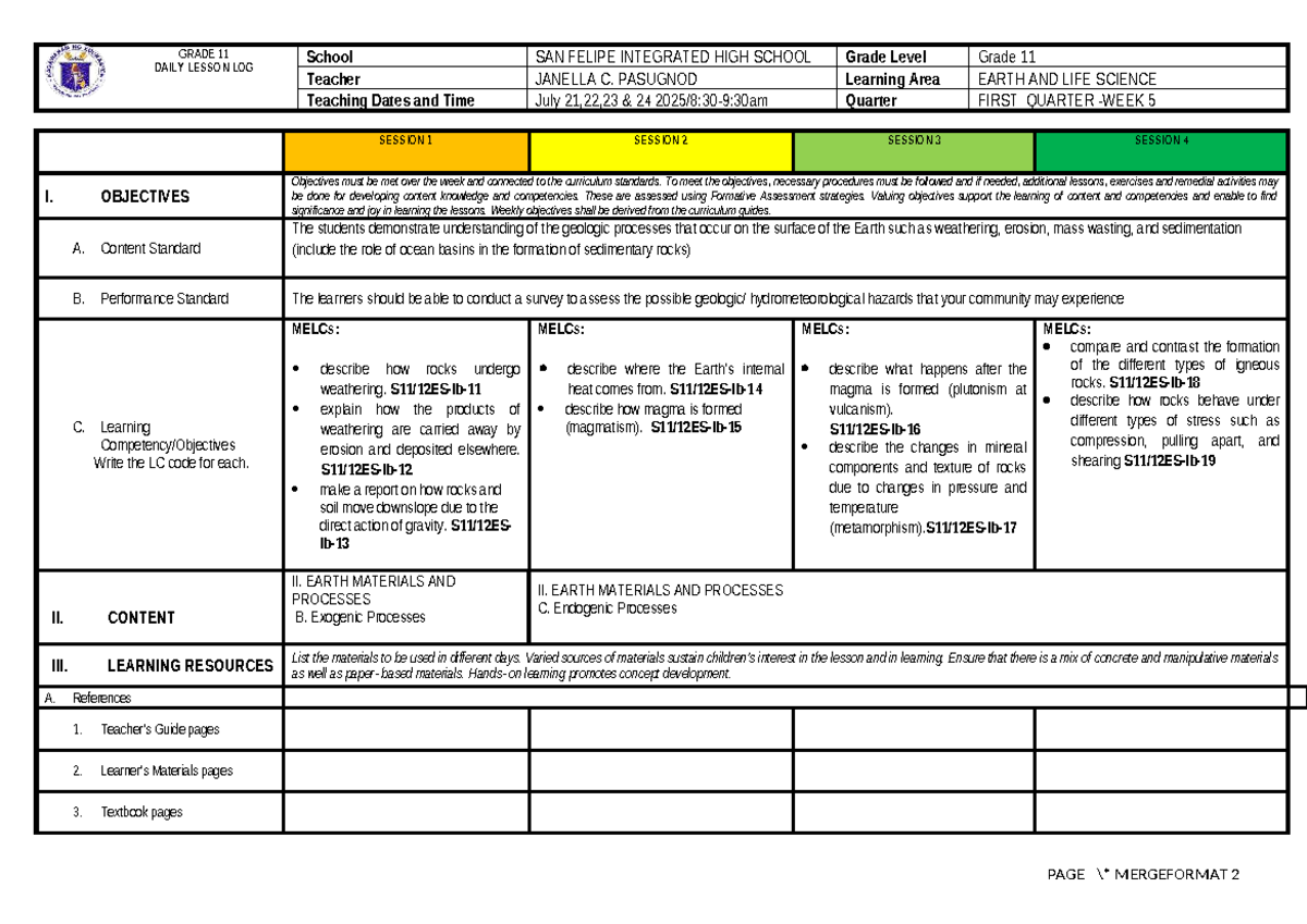Grade 11 Earth and Life Science Daily Lesson Log - Week 5 - Studocu