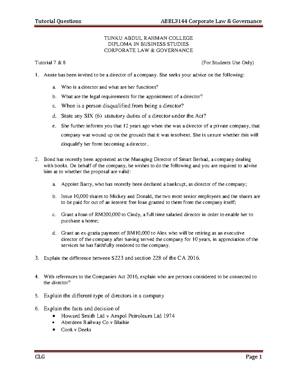 Tutorial Questions ABBL3144 Corporate Law Governance - T7 & T8 - Studocu