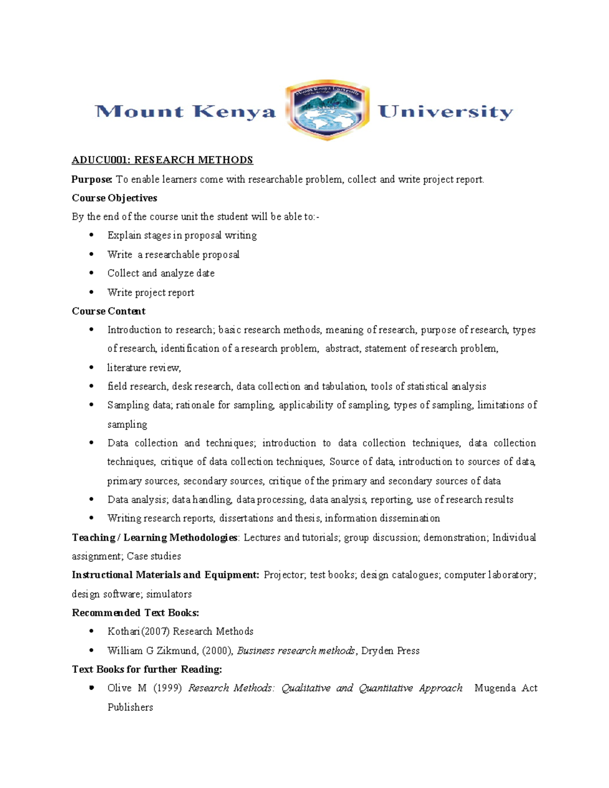 ADUCU001: Research Methods Course Overview and Objectives - Studocu