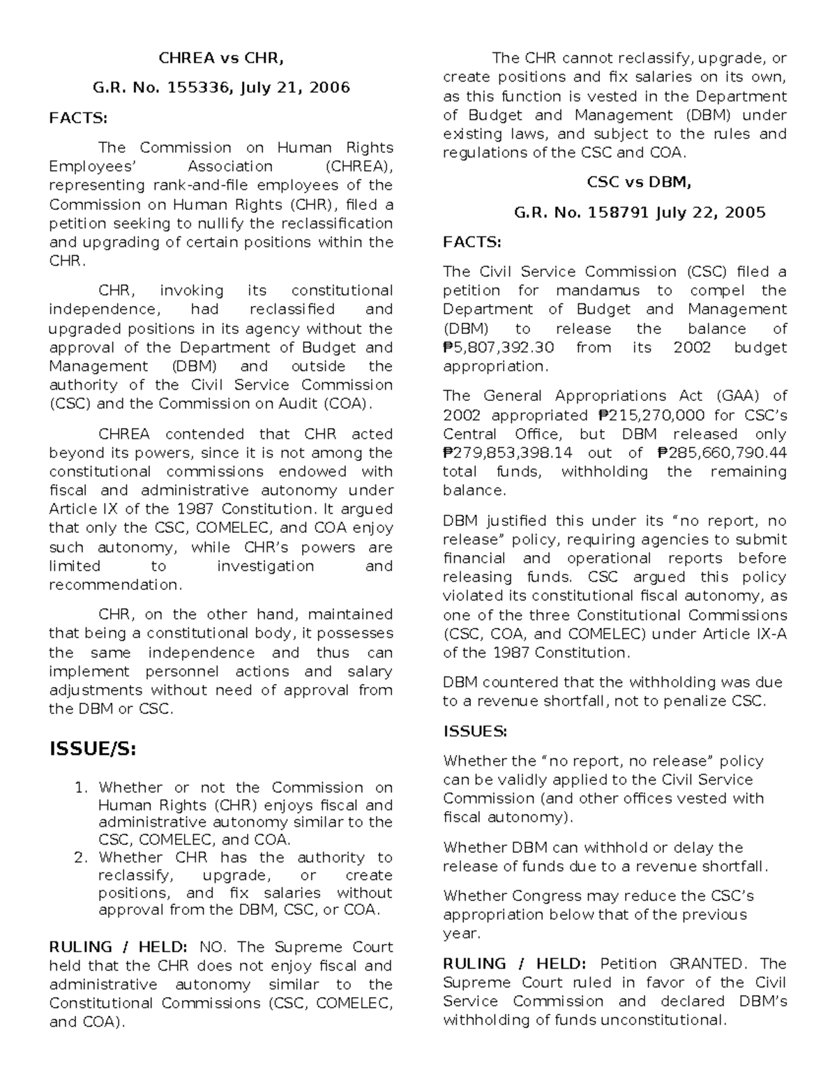 Constitutional Commissions Cases - CHREA vs CHR, CSC vs DBM, and More ...