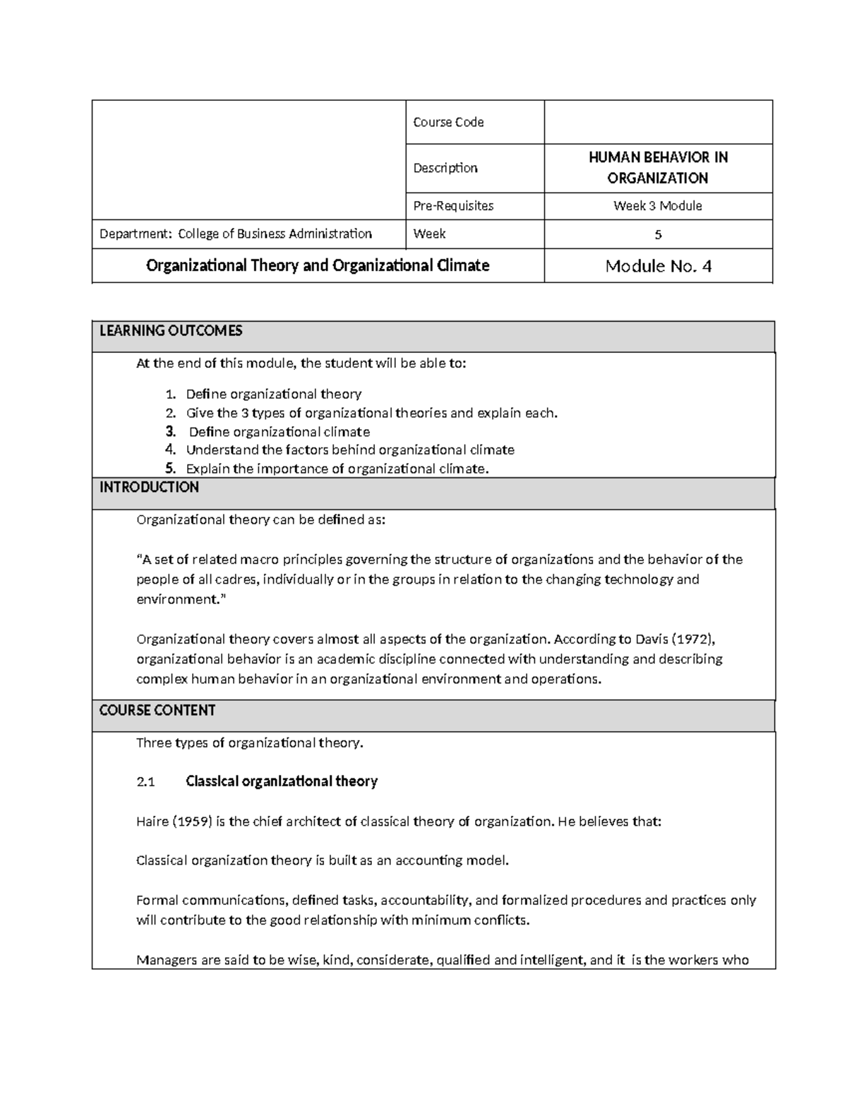 Module 4 - Human Behavior Organization - Course Code Description HUMAN ...