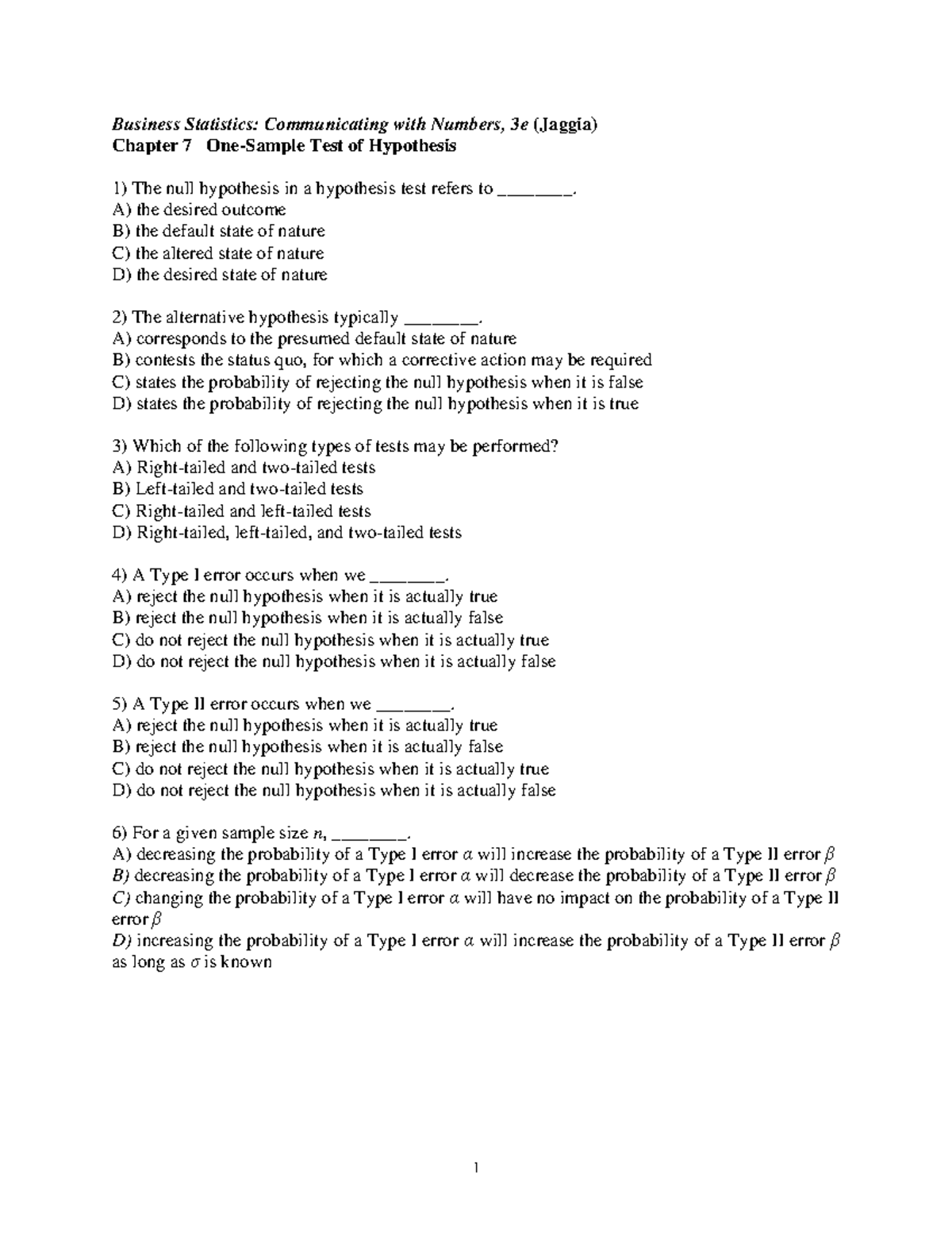Final Exam Tutorial Chapter 7: One-Sample Hypothesis Testing (BUS 101 ...