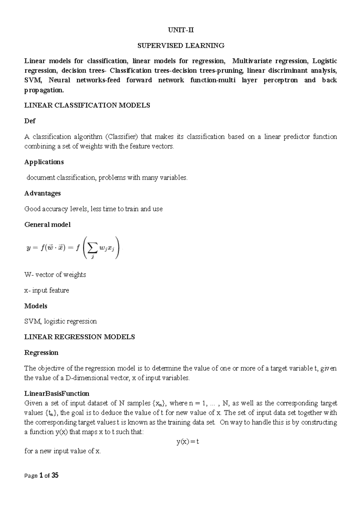 UNIT-II - Lecture Notes on Supervised Learning: Classification ...
