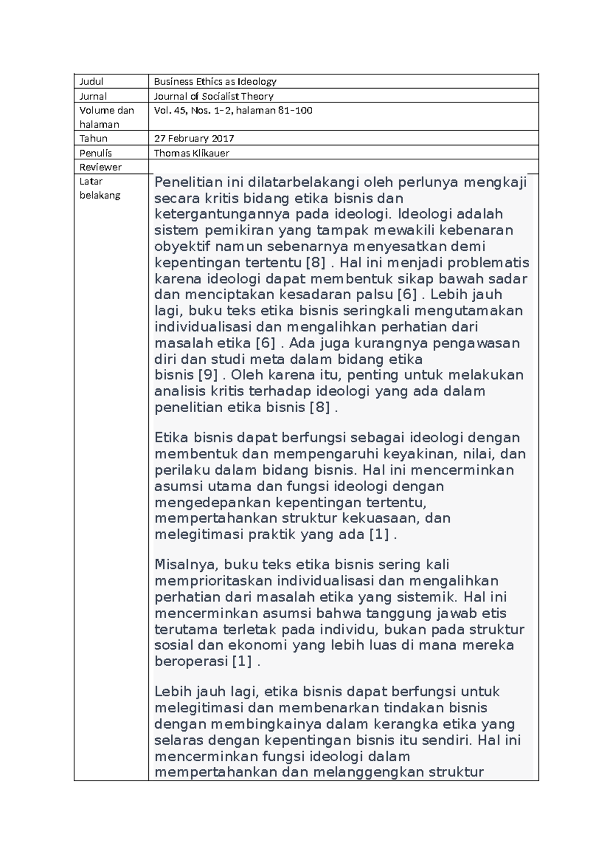 Review Jurnal: Etika Bisnis sebagai Ideologi (Vol. 45, 2017) - Studocu