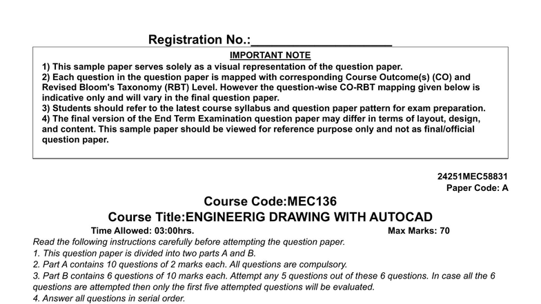 MEC136 Engineering Drawing with AutoCAD - Sample Exam Paper - Studocu