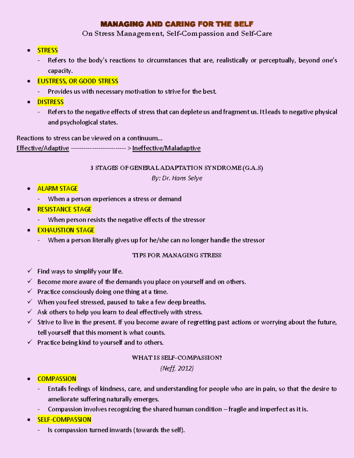 UTS - Finals - Stress Management and Self-Compassion Review - Studocu