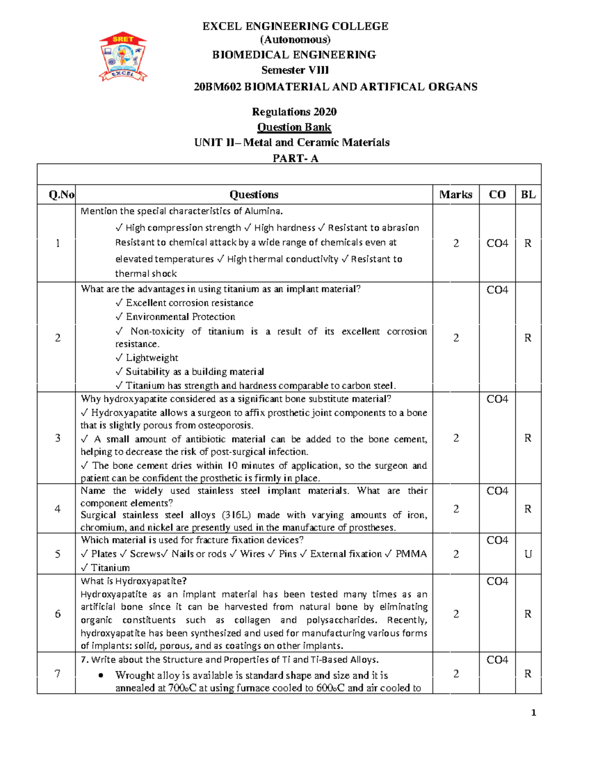 UNIT 2 - BIOMATERIALS AND ARTIFICIAL ORGANS - EXCEL ENGINEERING COLLEGE ...