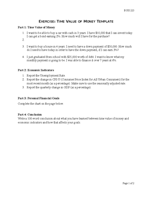 Exercise Time Value of Money - BUSI 223 EXERCISE: TIME VALUE OF MONEY ...