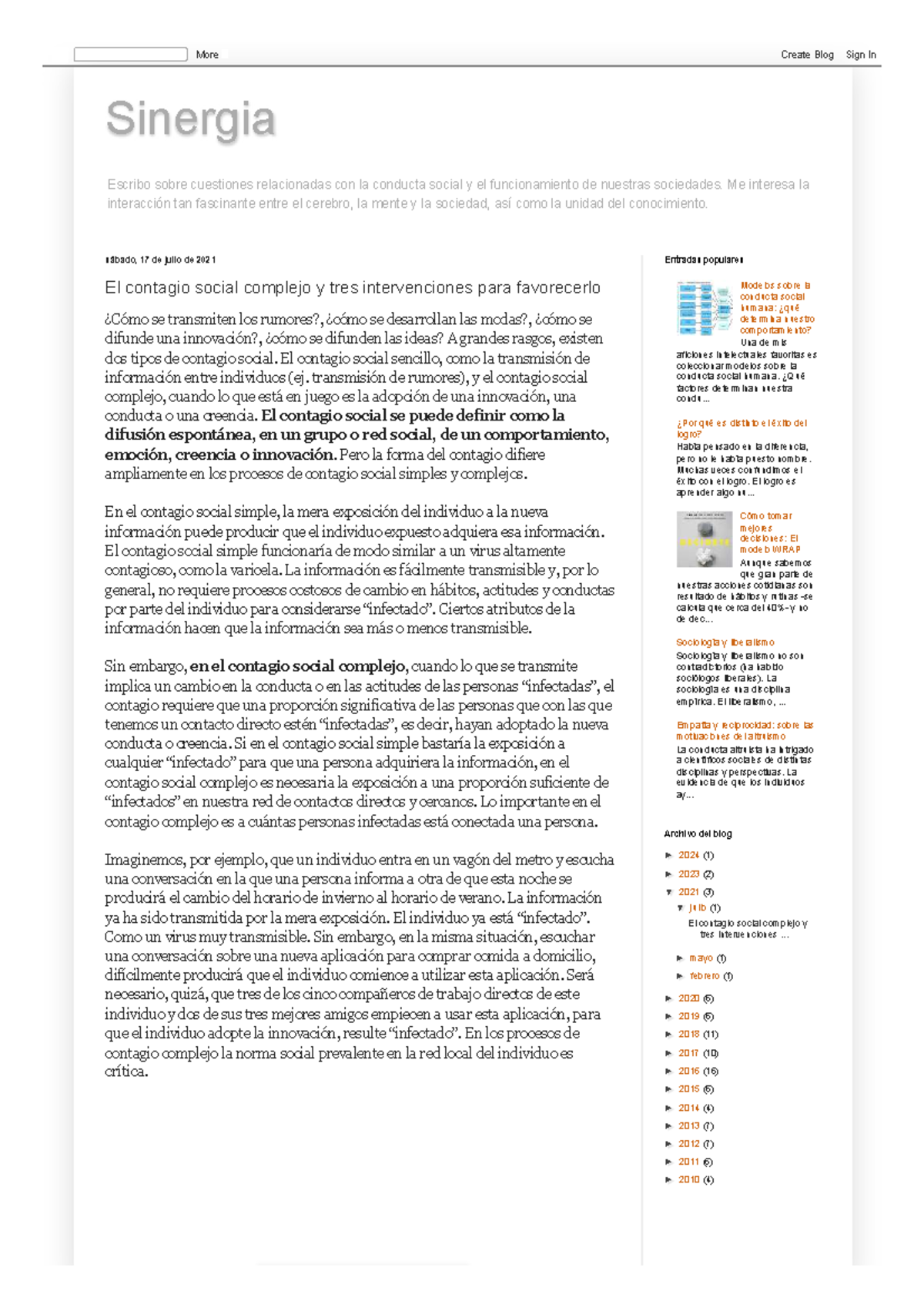Sinergia: Contagio Social Complejo y Estrategias de Intervención - Studocu