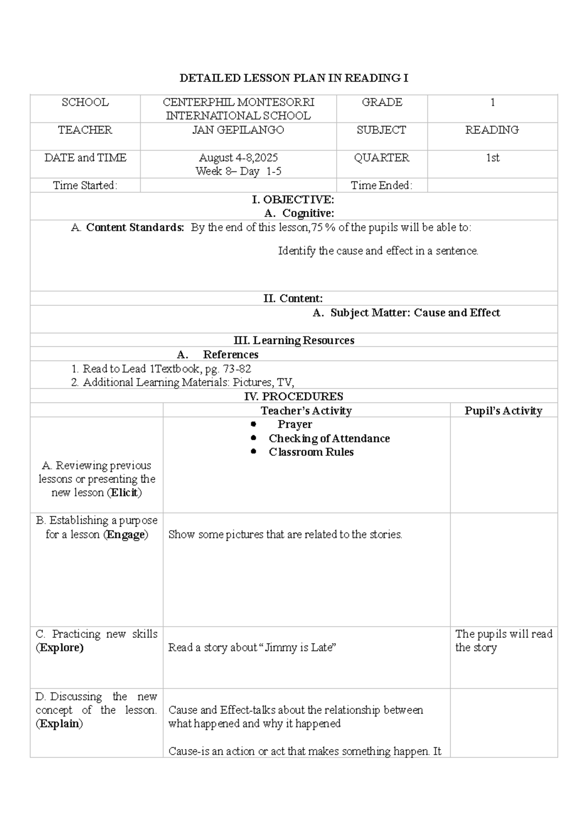 Detailed Lesson Plan: Reading I (Grade 1) - Week 8 - Studocu