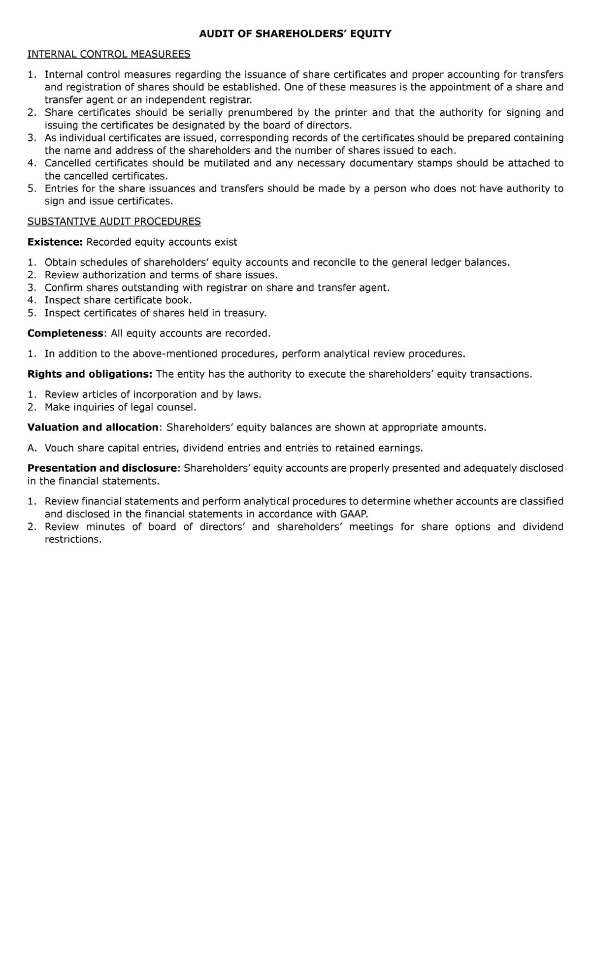 Acctg 323: Audit of Equity Internal Control Measures Lecture - Studocu