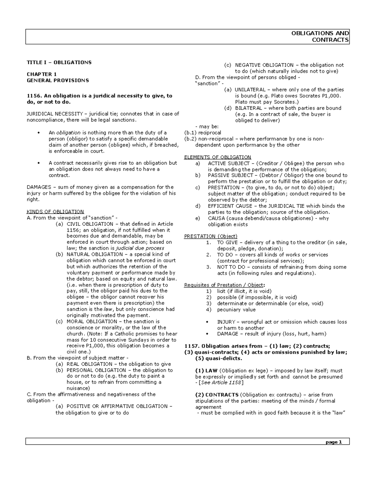Obligations and Contracts Reviewer (LAW 101): General Provisions and Key - Studocu