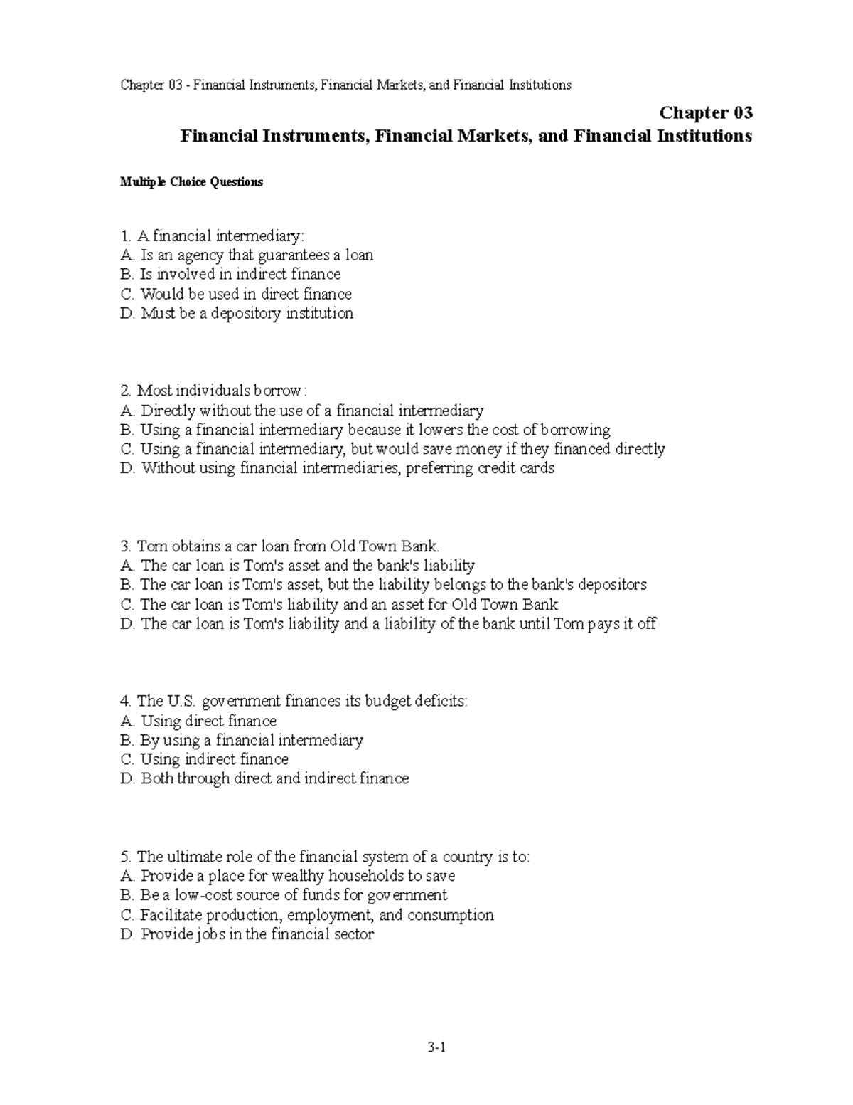 Chap003 - test bank chapter 3 - Chapter 03 Financial Instruments ...