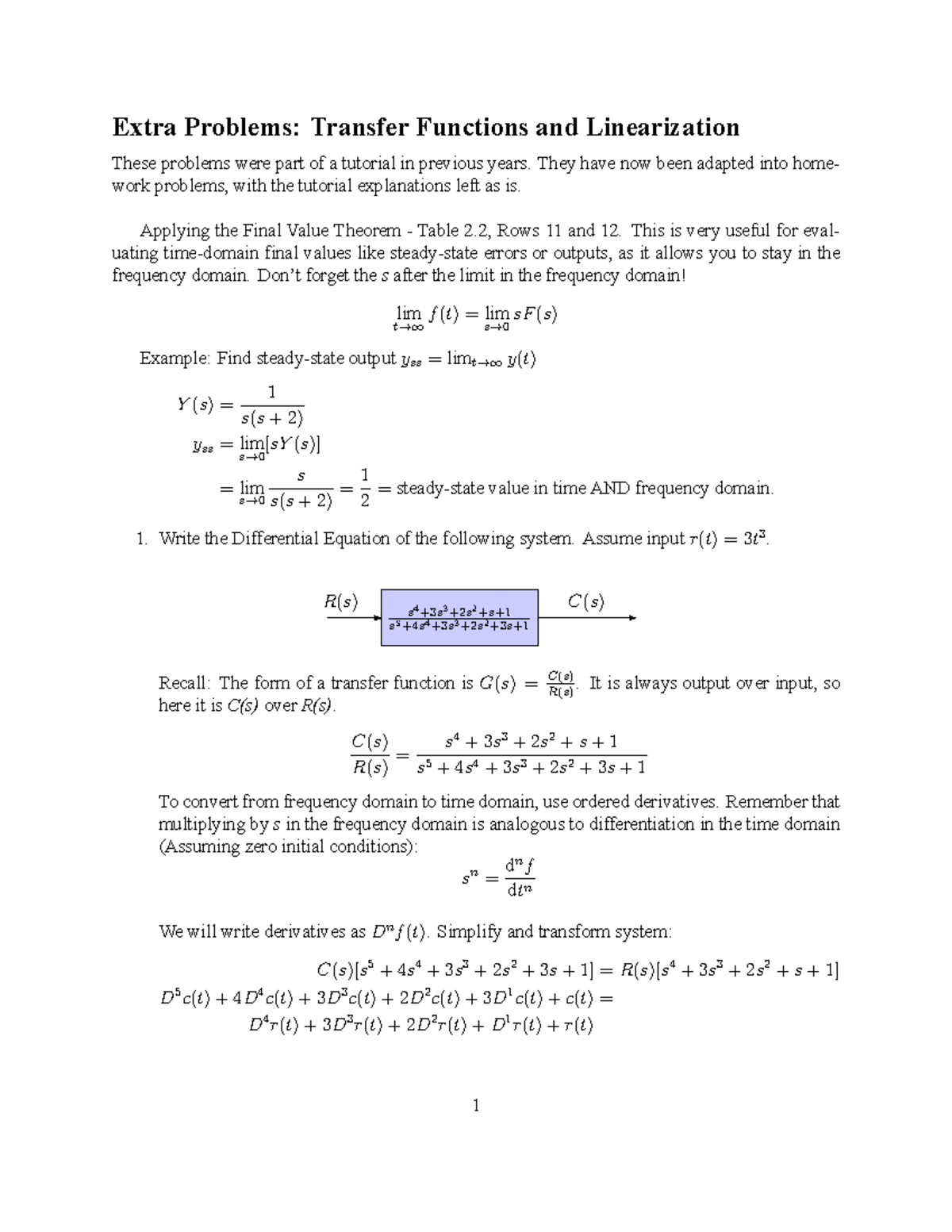 Homework 1: Extra Problems on Transfer Functions & Linearization - Studocu