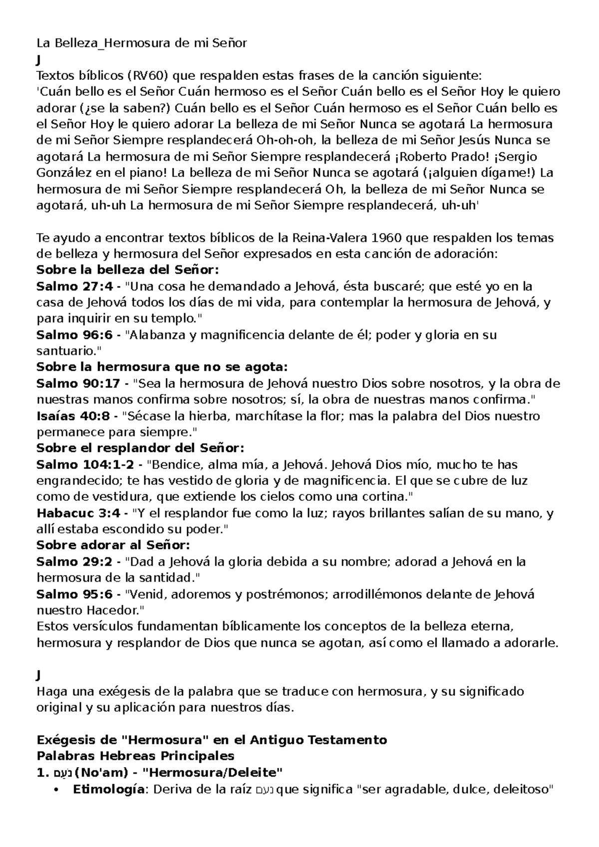 La Belleza de mi Señor: Textos Bíblicos y Reflexiones (RV60) - Studocu