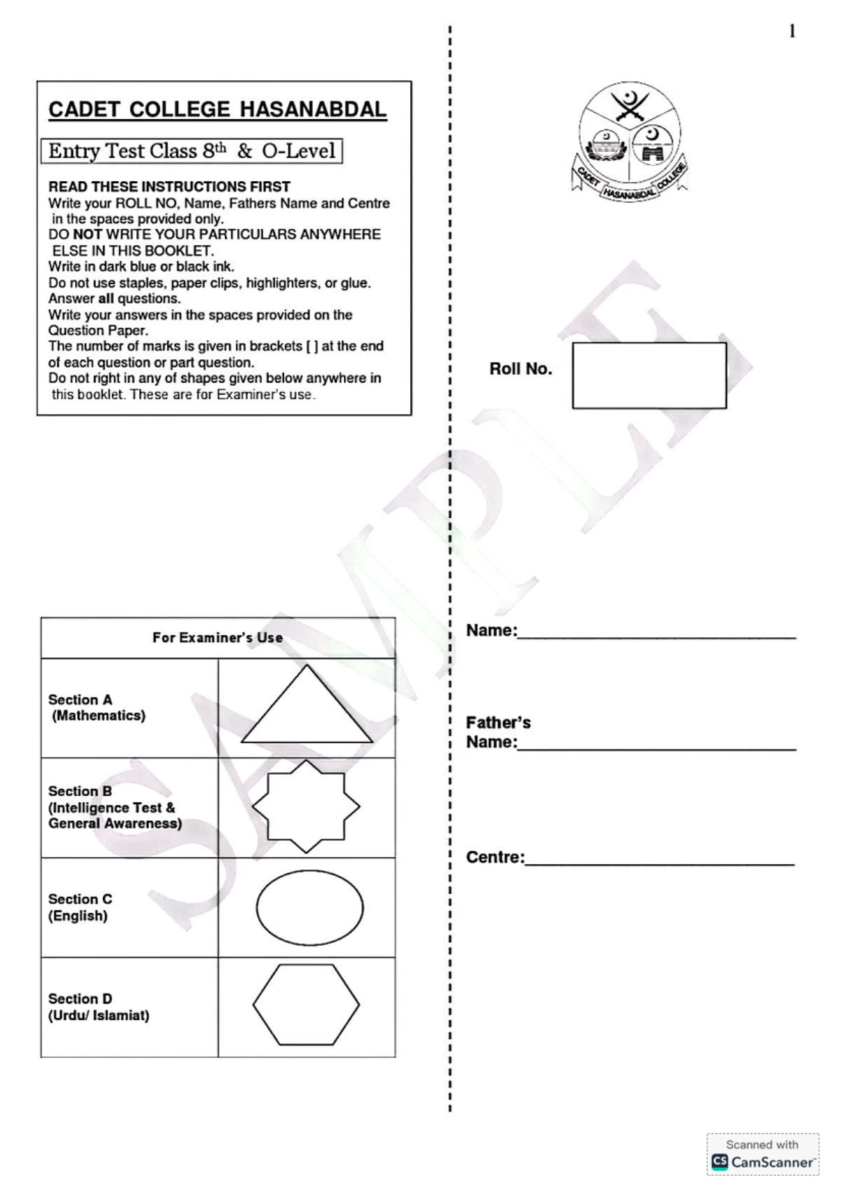 CCH Entry Test Sample Paper for Class 8 - CADET College - Studocu