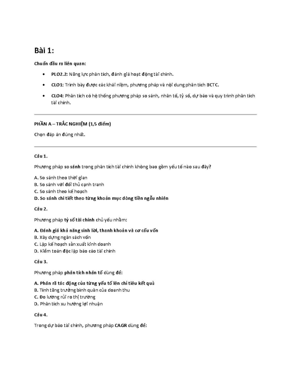 Bài Tập C1: Phân Tích Tài Chính Doanh Nghiệp - PLO2.2, CLO1, CLO4 - Studocu