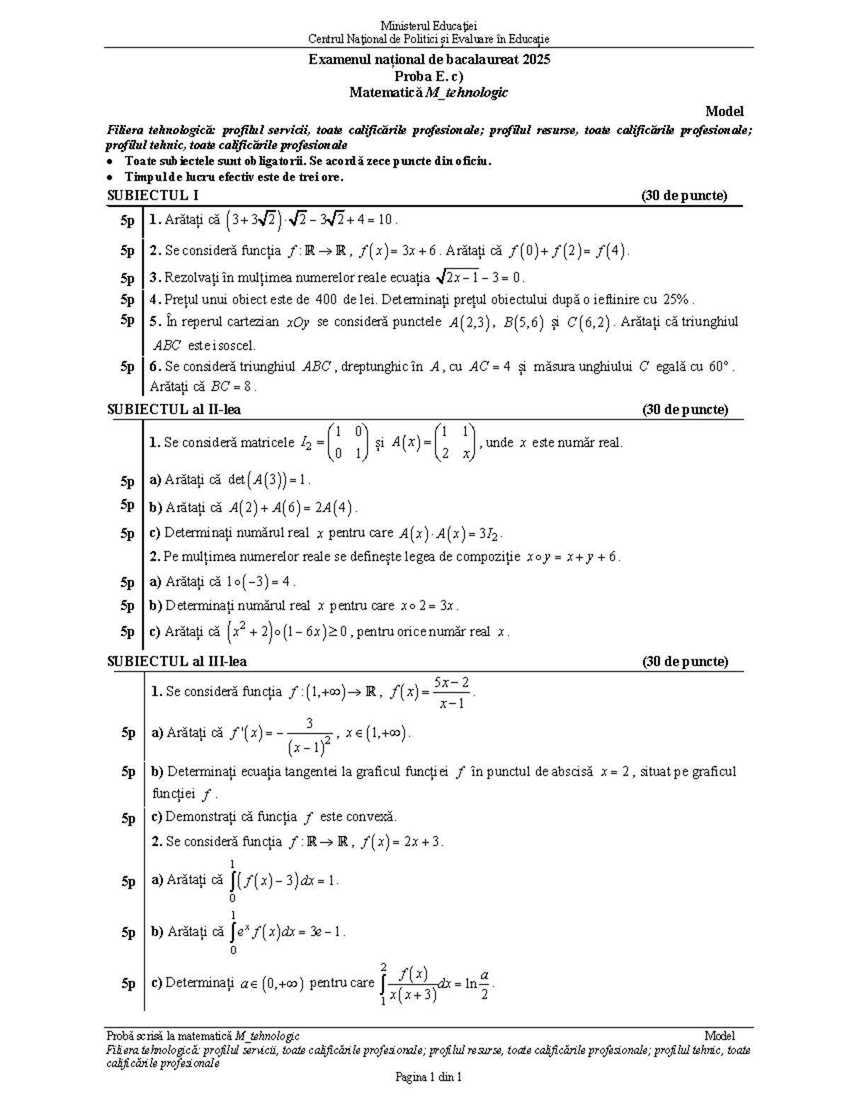 2025 E c Matematica SM M tehnologic Model Subiect LRO - Ministerul Educaţiei Centrul Naţional de ...