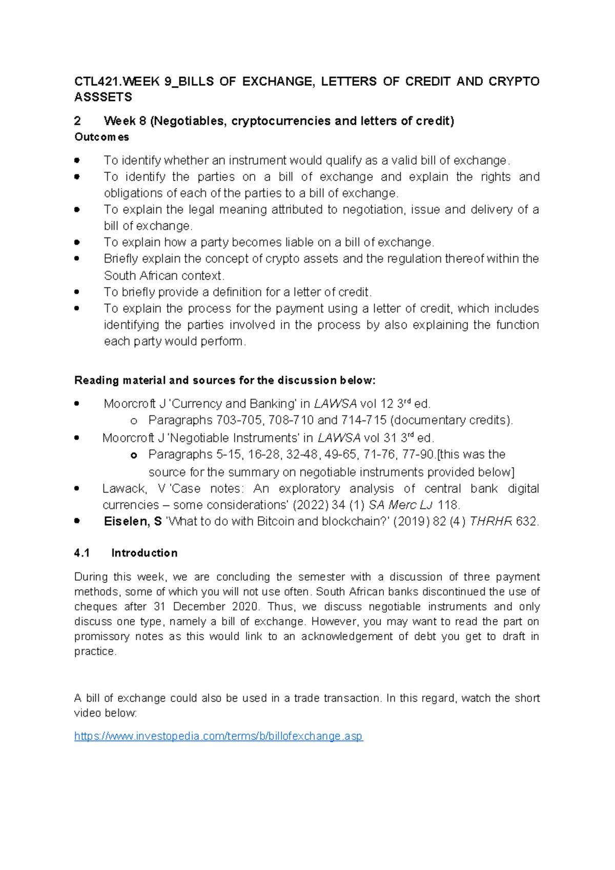 CTL421 WEEK 9: Bills of Exchange, Letters of Credit & Crypto Overview ...