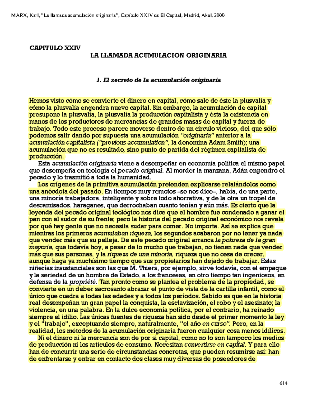 Marx, C. 24: La Acumulación Originaria en "El Capital" - Studocu